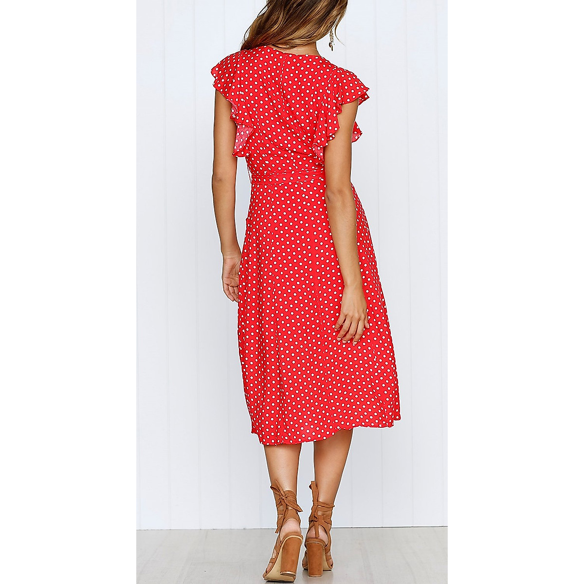 MITILLY Women's Boho Polka Dot Flutter Short Sleeve V Neck Button Down Swing Midi Dress with Pockets Medium Red
