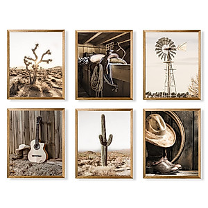 Art for Cowboy Men Cowgirl - Rustic Farmhouse Bathroom Poster - Boho Western Decor - Old West Ranch Room Decor - White Picture Wall Art - Country Cactus Windmill Print - Southern Farm House Animal