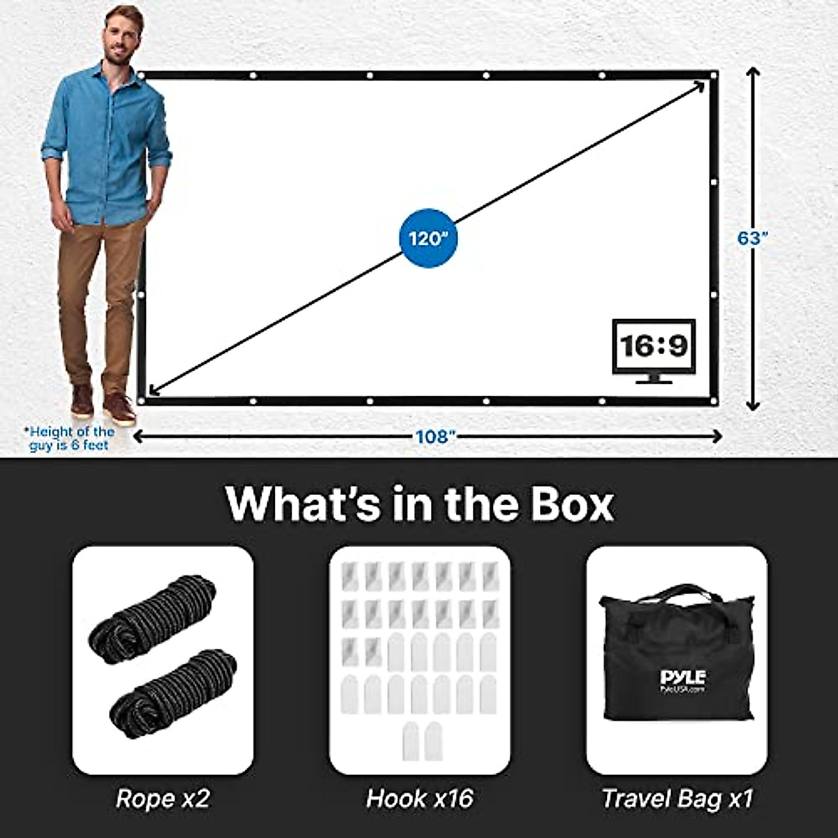 Pyle Foldable Portable Projector Screen - 120" 16:9 HD 4K Lightweight Indoor Outdoor Anti-Crease Movie Projection Display - for Home Theater, Party, Office, Classroom