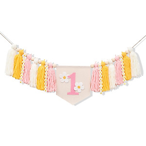 Daisy 1st Birthday Highchair Banner - Pink Yarn Tassel Banner,Girl's Pastel Cake smash Garland,Boho 1st birthday decor,Daisy Theme First Birthday Party Decoration,Pink 1st Birthday Cake Smash Backdrop