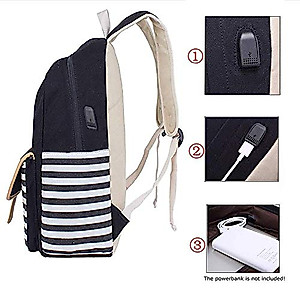 EZYCOK School Backpack for Teen Girls Women with USB Charging Port, Lightweight Canvas Backpack College Bookbag with Lunch Bag and Pencil Case, Black