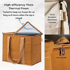 Reusable Insulated Grocery Bag - Leak Proof, Large Insulated Cooler Bag - Insulated Shopping Bags for Groceries - Travel Cooler Bag for Frozen and Hot Food with Zippered Top - Beach, Picnic (Caramel)