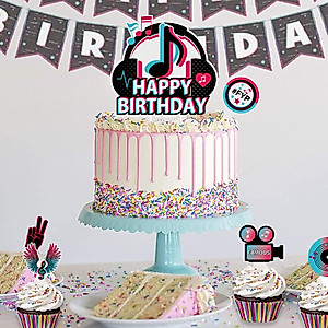 25Pcs Tik Music Happy Birthday Cake Toppers，Musical Tik Cupcake Toppers for Girl's Music Karaoke Themed Party Supplies，Music Birthday Party Decorations