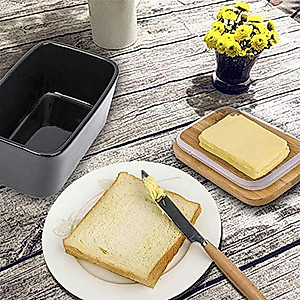 Butter Dish with Cover and knife-Ceramics Butter Container with Bamboo Lid for Countertop,Larger Butter Dishes with Covers Perfect for East West Coast Butter(Black with Words)