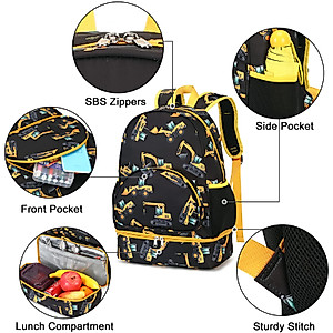 LEDAOU Kids School Backpack with Lunch Cooler Compartment 2 in 1 Boys Girls Bookbag and Insulated Lunch Bag for Preschool Kindergarten Elementary (Construction Vehicle)