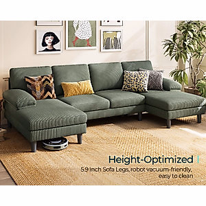 LINSY HOME U Sectional Couch, 111'' W Corduroy Sofa with Sleepable Armrests, 4 Seat Couch with Double Chaises, Deep Sofa for Living Room, Army Green