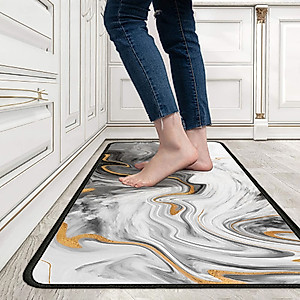 White Marble Kitchen Rugs and Mats Non Skid Washable Absorbent Stain Resistant,Durable and Easy to Clean,Kitchen Rug Set of 2 Marble Kitchen Deco 17"x47"+17"x30"