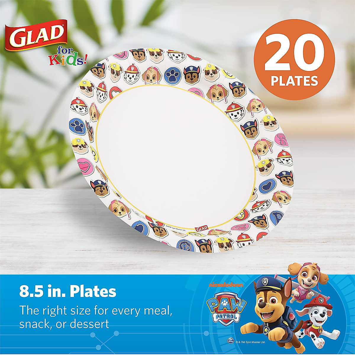Glad for Kids Paw Patrol Emoji Paper Plates|Paw Patrol Plates for Kids|Heavy Duty Disposable Paper Plates for All Occasions|Paw Patrol Emojis 8.5" Round Plates 20ct|Kids Plates, Disposable Plates