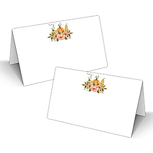 Fall Thanksgiving Table Place Cards, Orange Pumpkin Blank Seating Place Card for Table, 25 Pack Buffet Food Tent Labels, Double Design Name Cards, Thanksgiving Day Party Decorations(01)