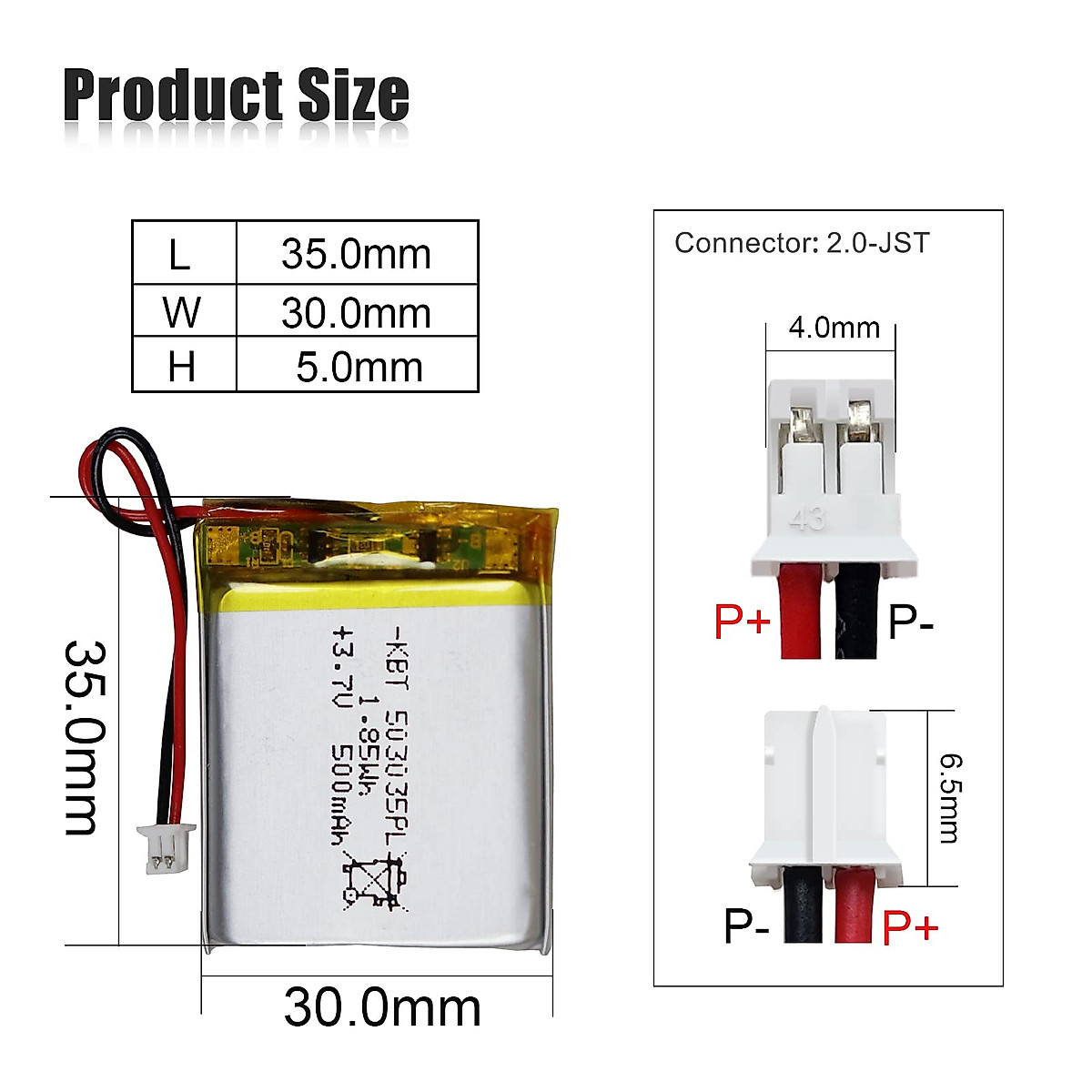 KBT 3.7V 500mAh Li-Polymer Battery: 503035 Lipo Rechargeable Lithium-ion Replacement Batteries with PH 1.25 JST Connector, PH2.0/2.54 JST Connector for Replacement - 4pack
