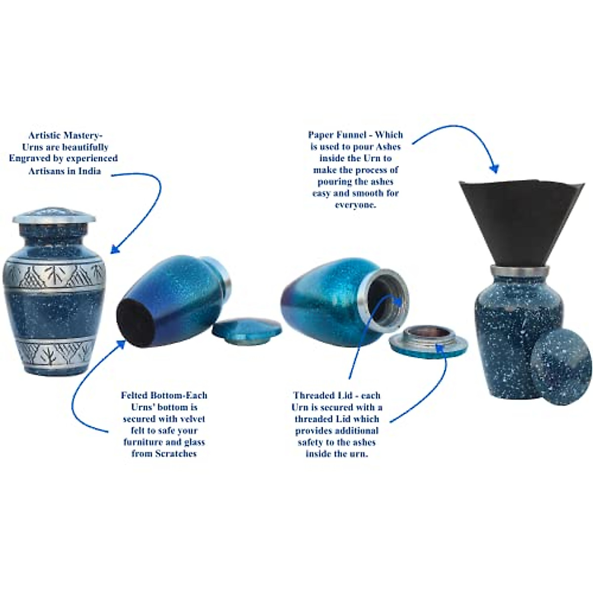 THE ASCENT MEMORIAL Blue Small Urns for Human Ashes Female Male | Set of 4 Premium Mini Keepsake Urns with Four Velvet Bags A Paper Funnel and A Stunning Magnet Closer Gift Box