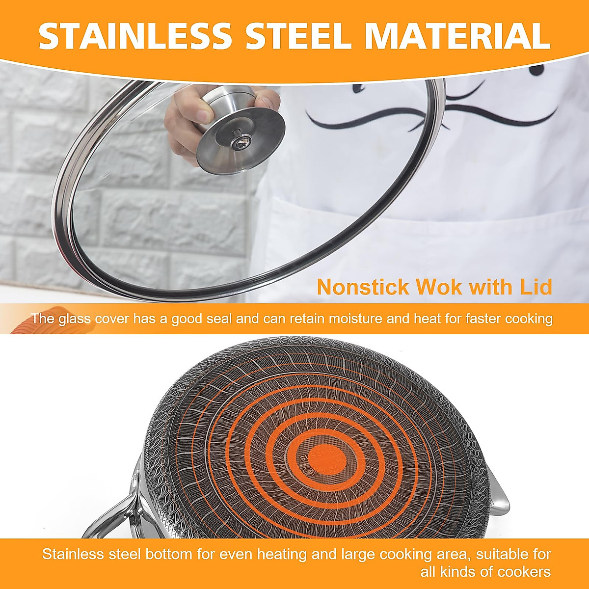 Toutrop Stainless Steel Saute Pan 12 inch Deep Frying Pan,6 Quarts Nonstick Skillet Large Sauté Pan with Lid,PFOA Free Cookware,Induction Compatible Chef Cooking Pan,Dishwasher & Oven Safe