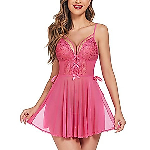 Avidlove Lace Lingrie Women V Neck Babydoll Strap Chemise Sexy Sleepwear Nighgown Side Spilt Nightwear Boudior Nighty Rose Red