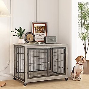 IchbinGo Dog Crate Furniture, Wooden Dog Crate Table, 38.5" Dog Kennel with 3 Doors, Flip-up Top Opening and Wheels, Decorative Pet Crate Dog House for Large/Medium/Small Dog Indoor Use (Rustic Grey)