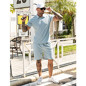 URRU Men's Polo Shirt and Shorts Set Summer Outfits Casual Short Sleeve Polo Suit for Men 2 Piece Shorts Tracksuit Set Light Blue L