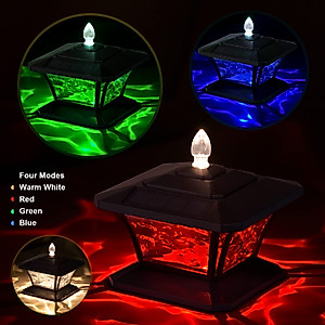 Solar Post Cap Lights Warm White/Red/Green/Blue 4 Lighting Mode, 15 Lumens 1000mAh Battery IP54 Waterproof, Fits 3.5x3.5 4x4 4.5x4.5 5x5 Fence Post Lights Solar Powered Outdoor Lights, Black (2 Pack)