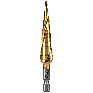 Klein Tools 25964 Step Drill Bit, 1/8 to 1/2-Inch, Spiral Double-Fluted, Cuts Thin Metal, Plastic, Aluminum, Wood, 1/4-Inch Hex Shank, VACO