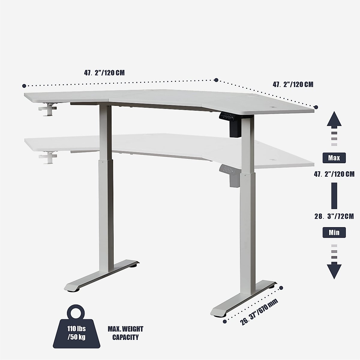 kowo L Shaped Height Adjustable Electric Standing Desk with USB C Hub & Wireless Charger, Sit Stand Corner Desk, Memory Settings, Stand Up Computer Desk Adjustable Table, White
