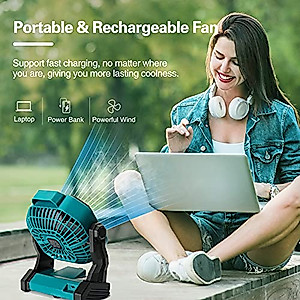 CONBOLA Portable Battery Operated Fan with LED Lantern, 10400mAh Outdoor Small Rechargeable Quiet Camping Fan, Personal Desk Fan Cooling Table Fan with Hanging Hook for Tent,Bedroom, Office(Green)
