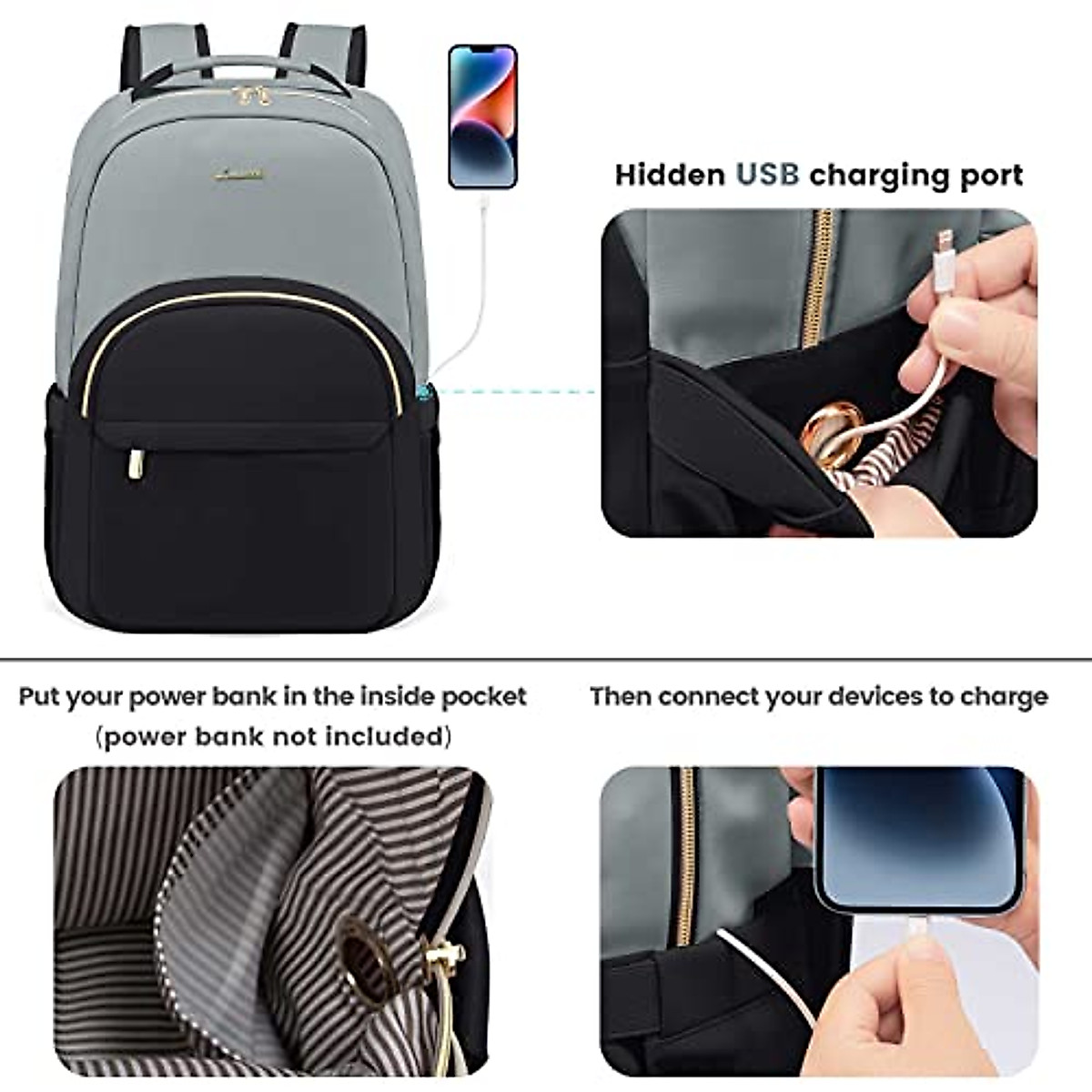 LOVEVOOK Laptop Backpack for Women, Travel Backpack Light Weight, Large Capacity Computer Backpack Purse for Work, Casual Daypack with USB Charging Hole(Black-Grey-1,15.6 Inch)