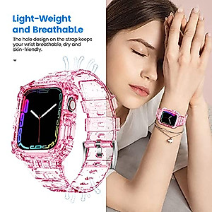 ABELTA Compatible for Apple Watch Band 38mm 40mm 41mm with Bumper Case Cover for Women Men, Clear Crystal Durable Sport Transparent Protective Band for Apple Watch Series 8 7 6 5 4 3 2 1 SE (41mm/40mm/38mm, Glistening Pink)