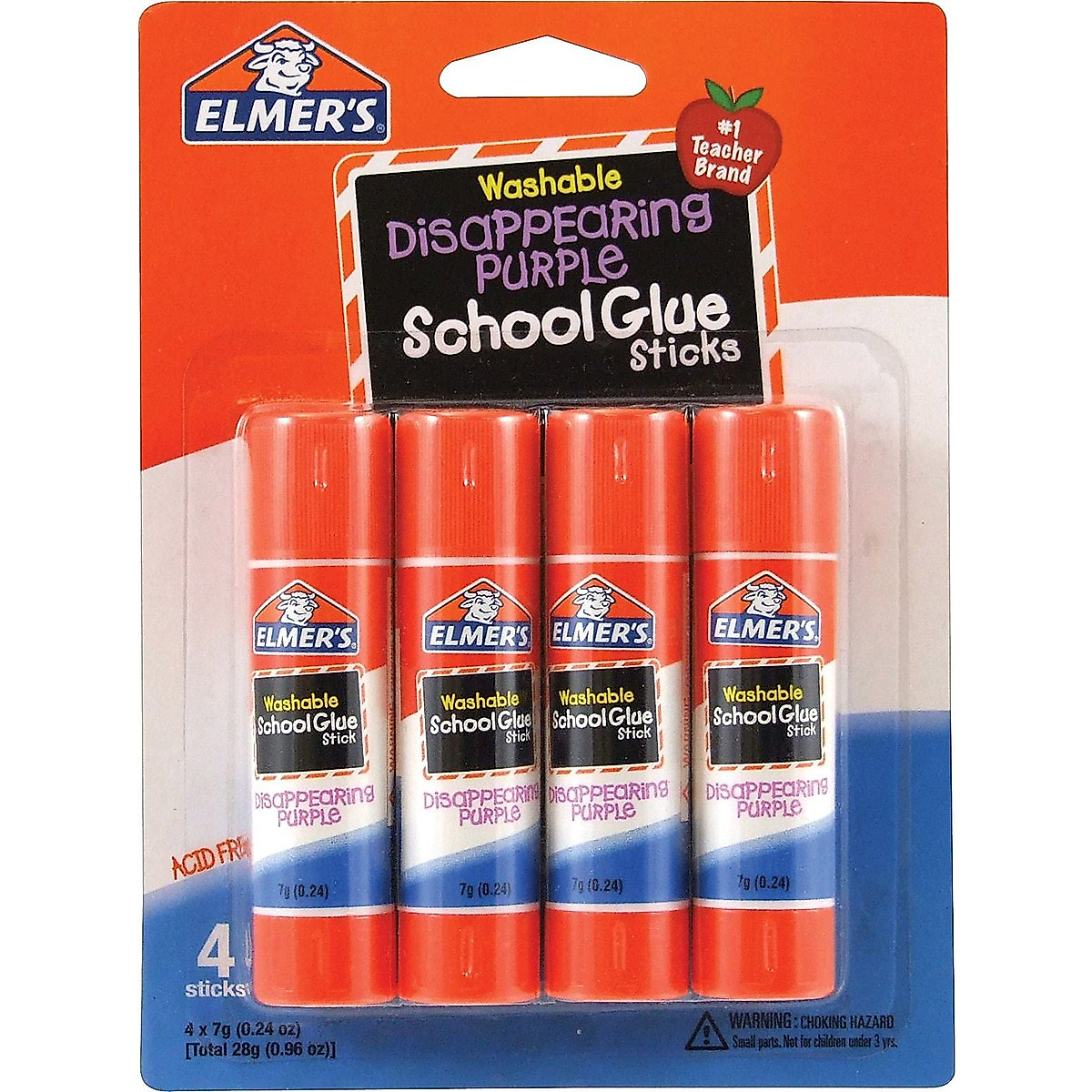 Elmer's E543 Washable School Glue Sticks, Disappearing Purple, 4/Pack