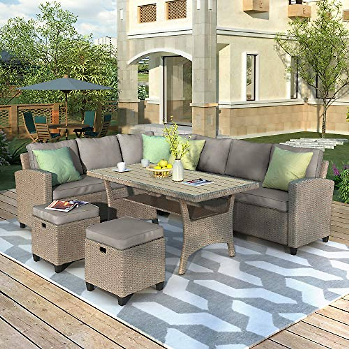 LCH Patio Furniture, 5 Piece Outdoor Conversation Set,All-Weather Wicker Dining Table Chair with Ottoman and Throw Pillows for Lawn, Backyard, Garden, Poolside and Balcony, Beige