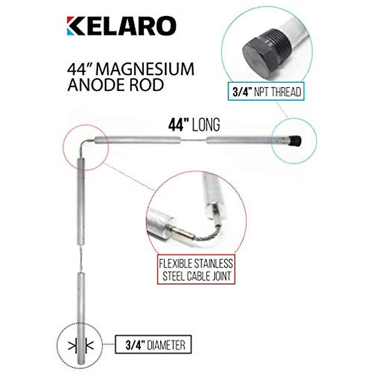 Magnesium Water Heater Anode Rod (44 inch Flexible) 3/4" NPT Thread for Rheem, Reliance, Richmond, Kenmore, GE by Kelaro