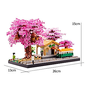 Architecture, Japanese Sakura Tree Class Train Station Cherry Blossom Tree Building Block Model Kit 3668 PCS for Adults and Kids, Classical Building Micro Blocks Set,Mini DIY Assembly Toy