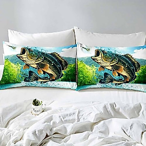 LUVIVIHOME 4PCS Fishing Sheets Set, King Bed Sheets, Forest Animal Hunting Lodge Country Rustic Farmhouse Bass Fish Bedding, Fishing Gifts for Men Boys, 1 Fitted Sheet & 1 Flat Sheet & 2 Pillowcases