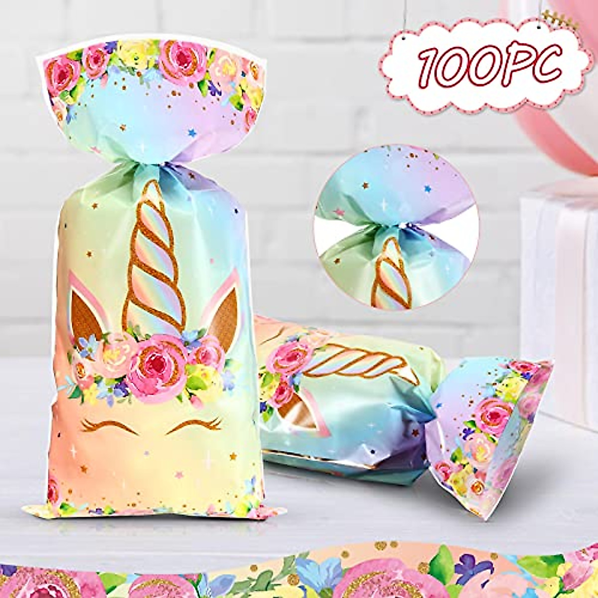 Zonon 100 Pieces Unicorn Cellophane Treat Bags, Pink Rainbow Gold Unicorn Theme Candy Goodie Favor Bags with 100 Silver Twist Ties Party Favor Pastel Bags for Girls Birthday Baby Shower Supplies