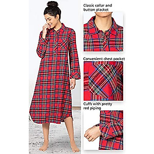 PajamaGram Womens Flannel Nightgown Women - Christmas Nightgown, Red, M / 8-10