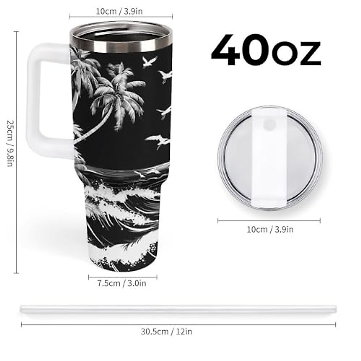 Palm Tree Black 40OZ Tumbler Stainless Steel Travel Mug Water Bottle Car Cup Tea Cups with Lid White-style