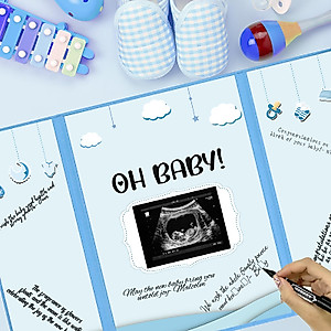 Crenics Baby Shower Decorations for Boy, Cute Baby Shower Signature Board with Picture, Blue Baby Shower Guest Book Alternatives 18" x 12", Creative Baby Shower Keepsake for Baby Boys