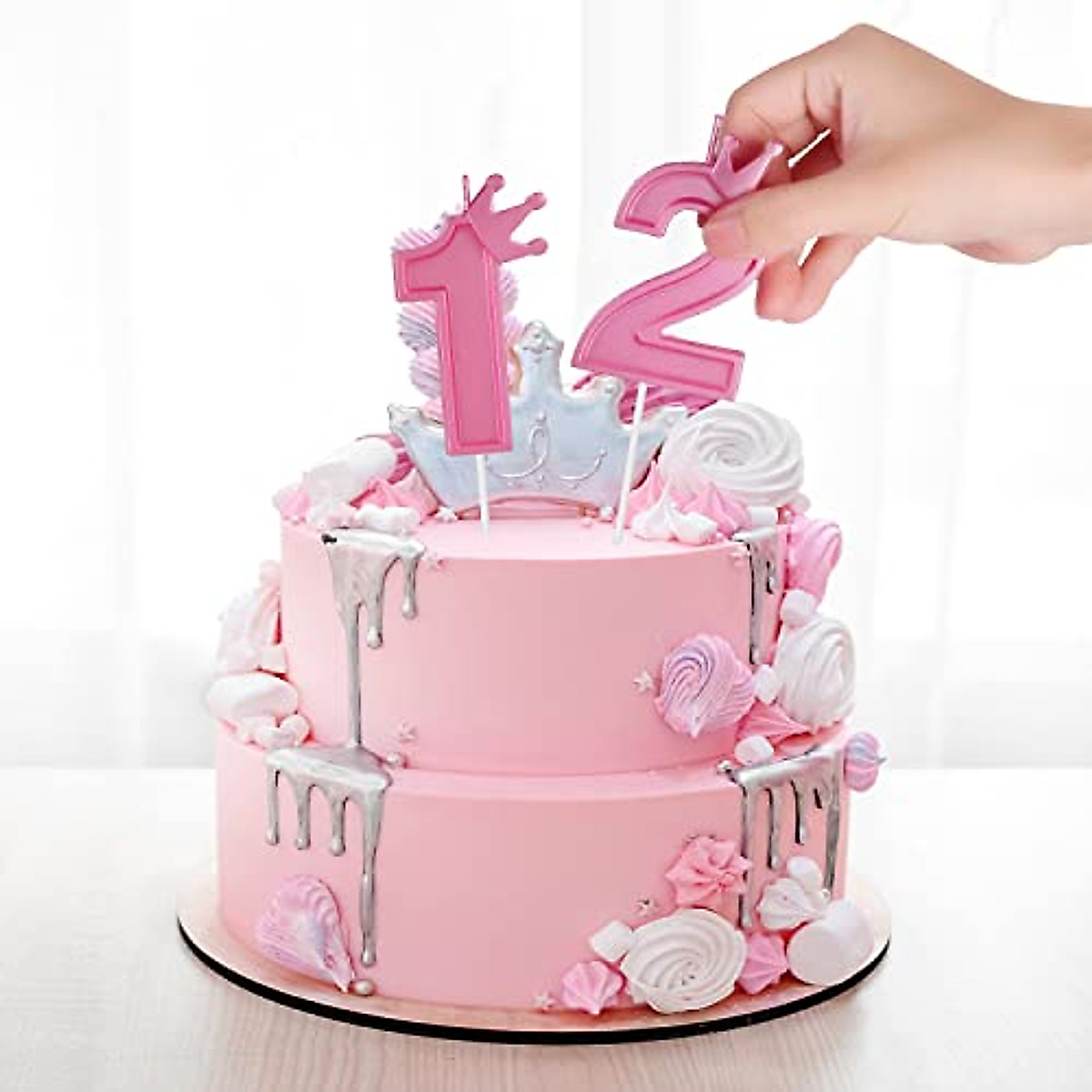 3 Inch Birthday Number Candle, 3D Number Candle with Crown Decor Large Cake Topper Number Candles for Birthday Cakes Wedding Anniversary Graduation Festival Party (Pink, 0)