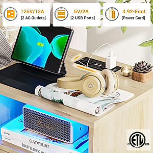 VIAGDO Rattan Nightstand with Charging Station, Led Night Stand with 2 Rattan Drawers, Bedside Tables with Solid Wood Feet, End Side Table with Open Storage Shelf for Bedroom