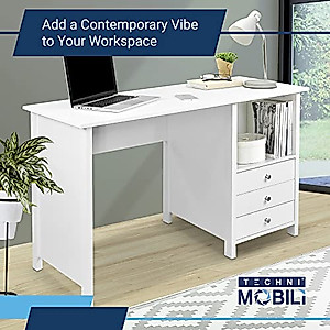 Techni Mobili White Desk with Drawers - Small Office Desk with 3 Cabinet Drawers, Open Shelf, & Laminated Wooden Panels Office & Study Table for Bedroom & Workstations