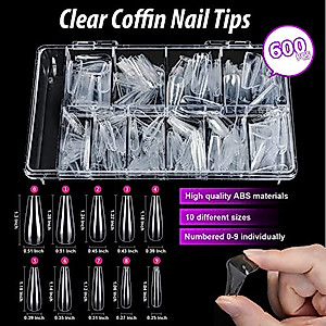 Clear Coffin Nail Tips Set, Teenitor Long Acrylic Nail Tip Full Cover Clear Press On Nails, 600pcs Ballerina False Nails Tips With Nail Glue, Acrylic Nail Clipper Files And Buffer Polisher Nail Brush for Beginners