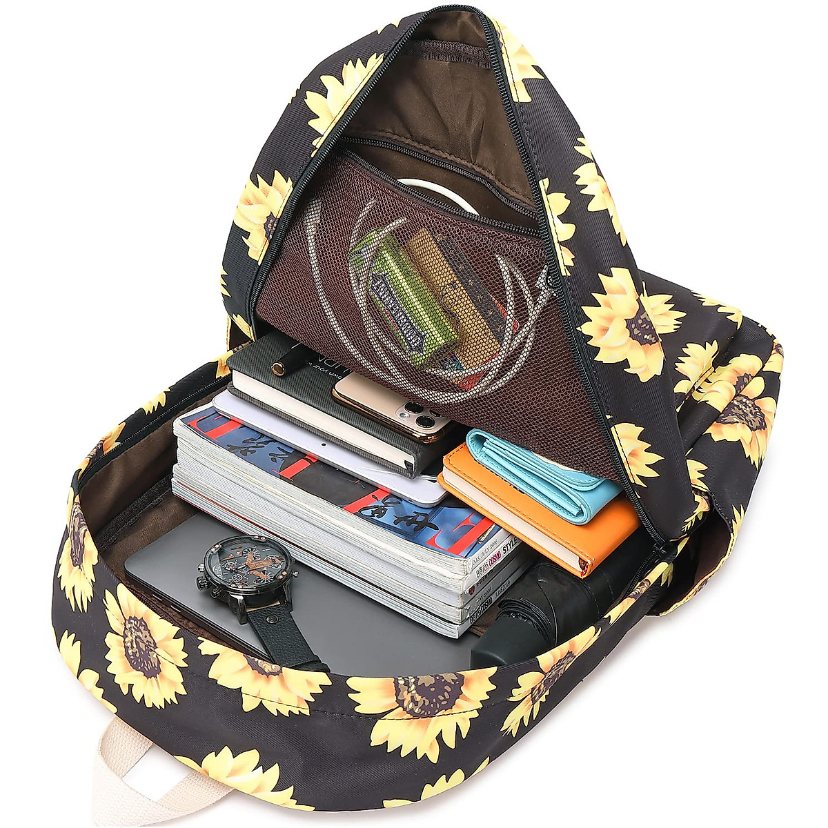 EZYCOK School Bookbag for College Girls Women, Water Resistant Laptop Backpack Casual Daypack with USB Charging Port, Sunflower