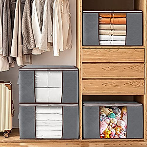 【𝟯𝗣𝗰𝘀】 Extra Large Clothes Blanket Storage Bags, 90L Thicker Fabric Closet Organizers and Storage Bins for Comforter, Clothing, Toys - Bedroom Dorm Storage Containers with Lids, Sturdy Handles -Grey
