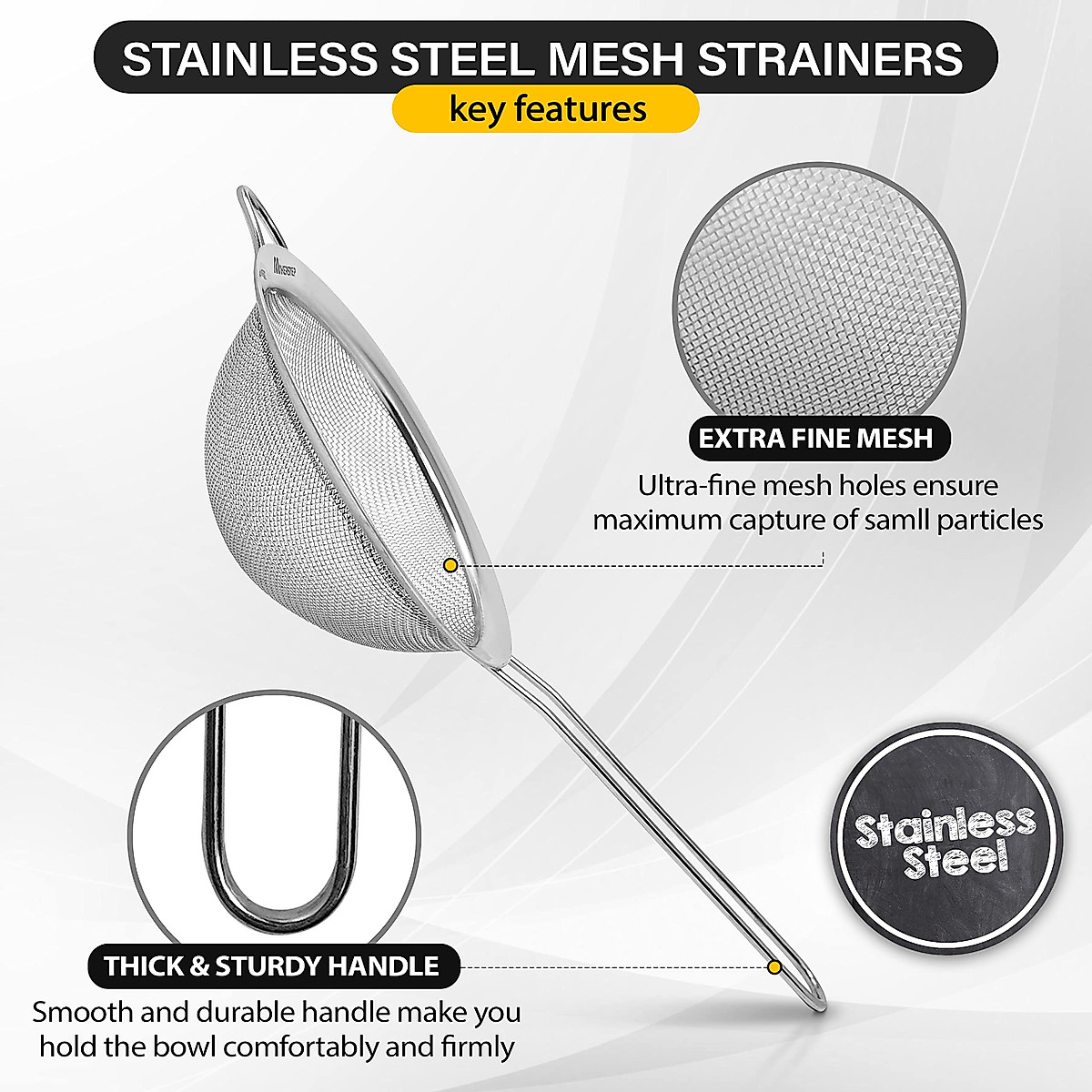 Makerstep Set of 3 Stainless Steel Fine Mesh Strainers Graduated Sizes 3.38", 5.5", 7.87" Strainer Wire Sieve Sifter with Sturdy Handle for Kitchen Gadgets Tools - New Home Kitchen Essentials