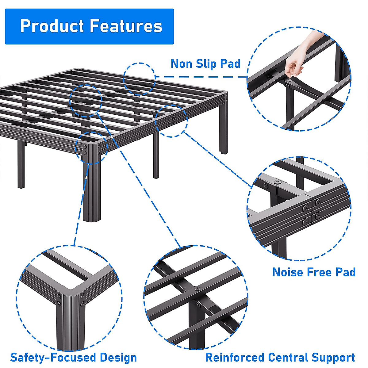 Askeld Queen Bed Frames, 18 Inch High Bedframe No Box Spring Needed, Heavy Duty Steel Slats Platform Mattress Base, 4500lbs Weight Capacity Reinforced Metal Frame, Noise-Free, Easy Assembly, Black