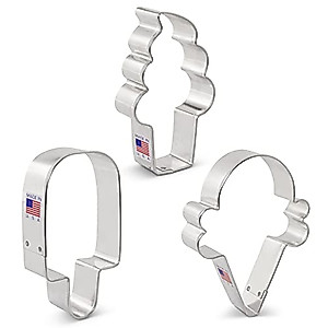 Ann Clark Cookie Cutters 3-Piece Ice Cream Cookie Cutter Set with Recipe Booklet, Popsicle, Hard and Soft Ice Cream Cone