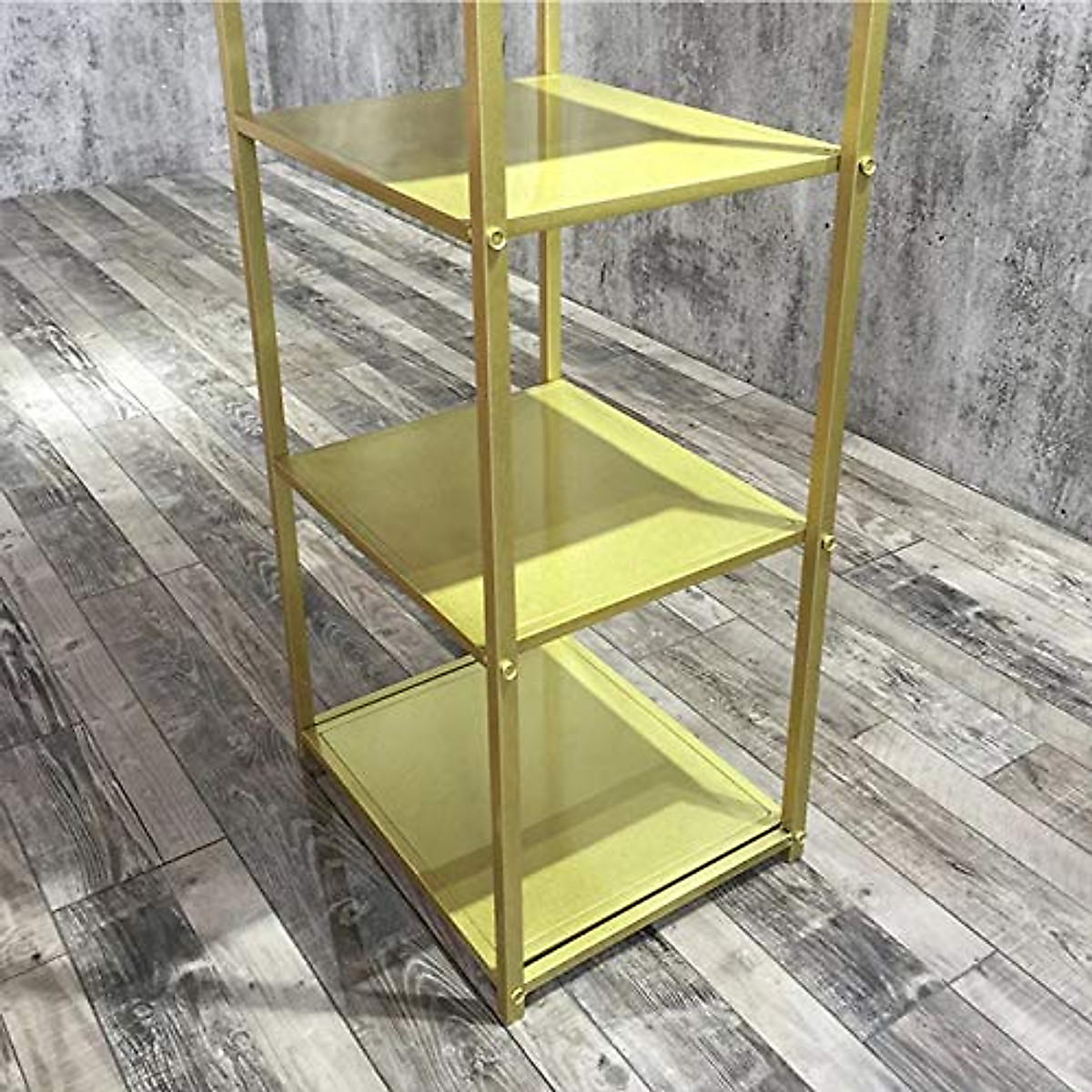MDEPYCO 5-Tier Clothing Retail Heavy Duty Metal Display Rack,Shoe Bag Jewelry Potted Plants Crafts Organizer Shelves,Home Kitchen Bedroom Bathroom Office Floor-Standing Storage Shelf (Gold)