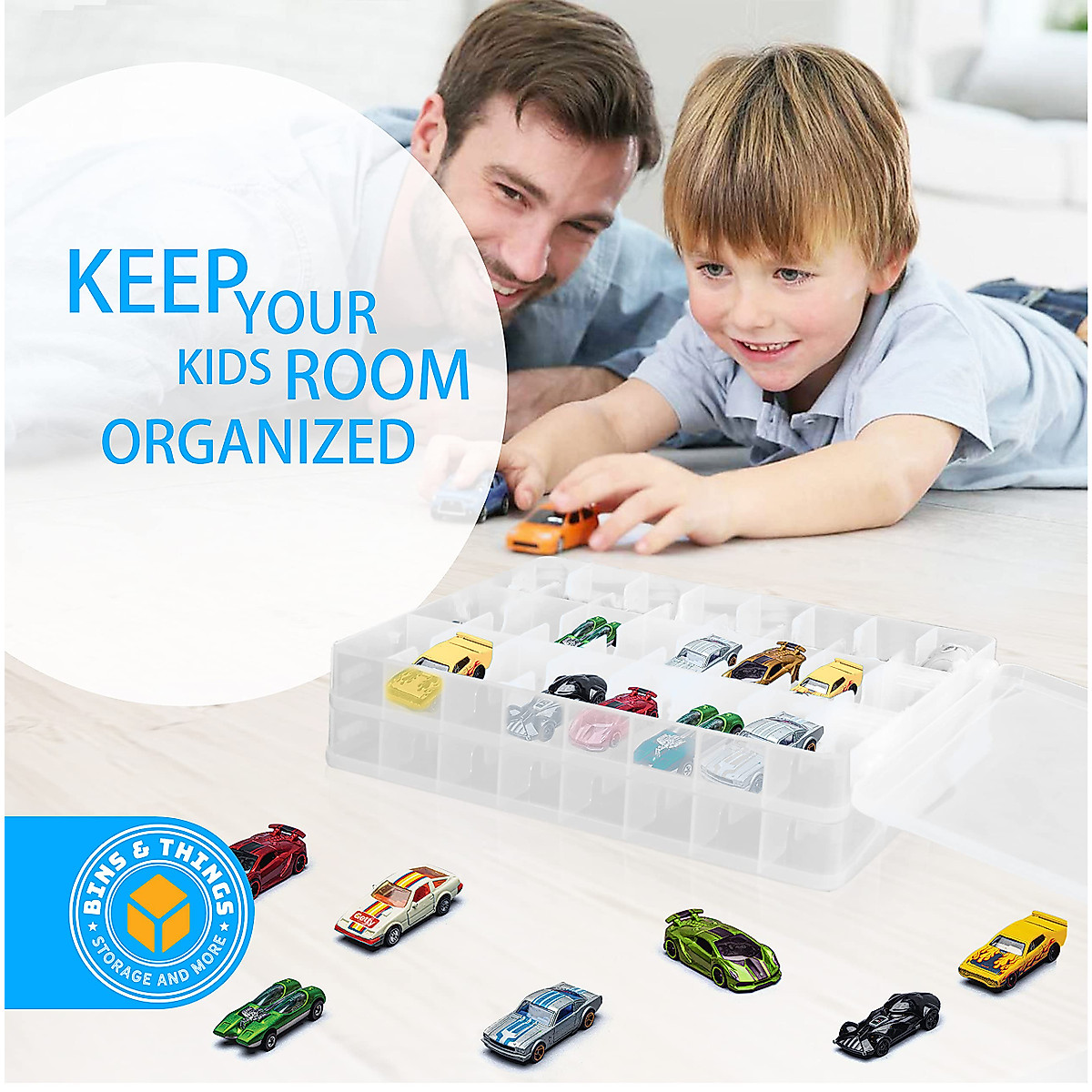 Bins & Things 48 Slot Toys Organizer - Compatible with Calico Critter, Hot Wheels, Tsum Tsum, MatchBox - Plastic Storage Display Case with Carrying Handle - Collection Box - 13.5x11.7x3.2 Inches