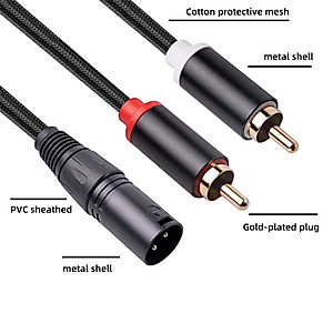 Dual RCA to XLR Male Y Splitter Patch Microphone Cable 3FT, 1 XLR Male to 2 RCA Male Y Adapter Cord Cable