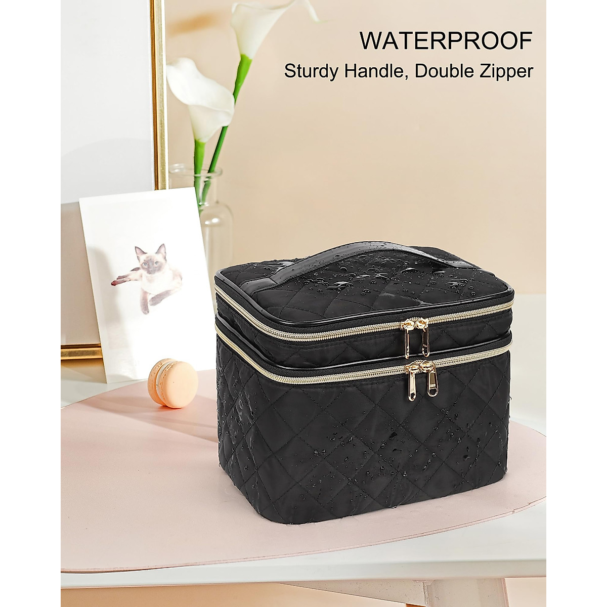 Travel Makeup Bag Organizer, Large Make Up Bag for Women, Double Layer Cosmetic Bag with Removable Dividers, Portable Makeup Case Storage, Black