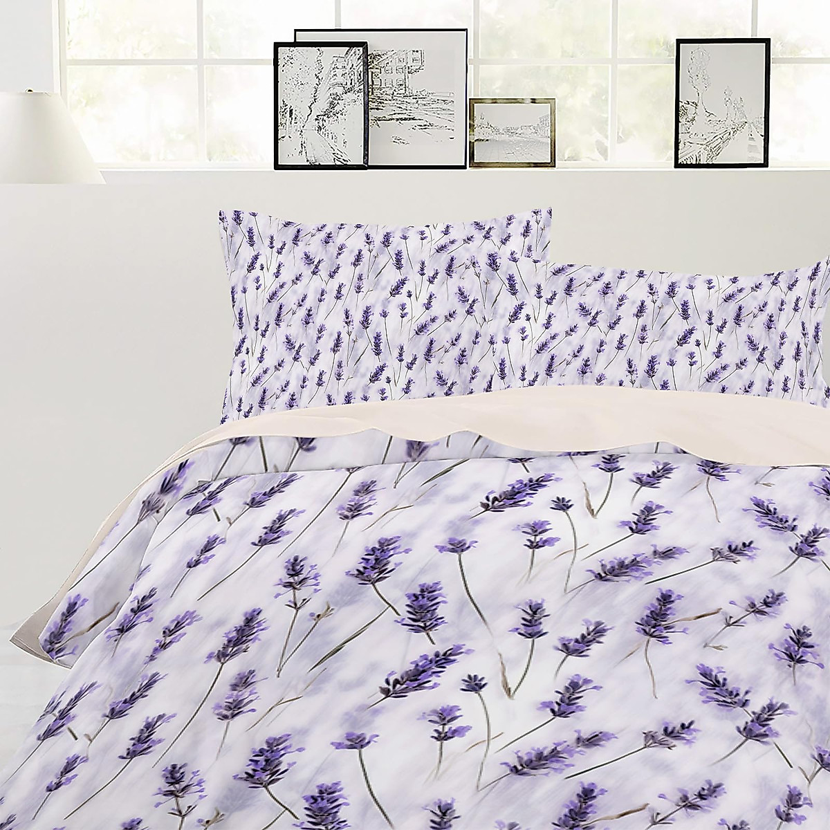 Anzona Purple Lavender Duvet Cover Queen Size - 4 Pieces Duvet Cover Set, Spring Flower Watercolor Floral Rustic Bedding Comforter Cover Zipper Closure, 1 Duvet Cover 1 Fitted Sheet 2 Pillow Shams