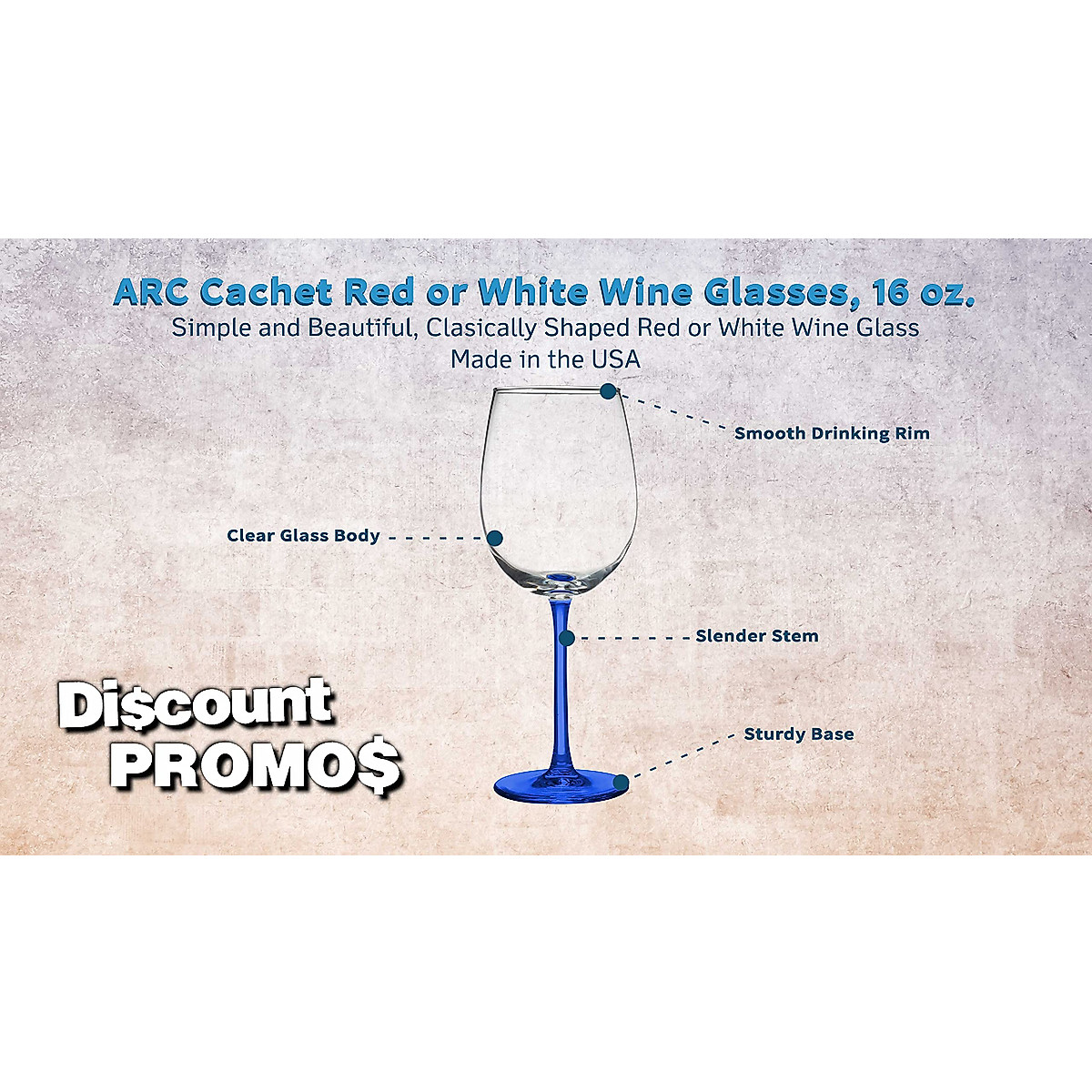 DISCOUNT PROMOS 10 ARC Cachet White Wine Glasses Set, 16 oz. - Wedding, Favors, Cheap, Sturdy - Blue