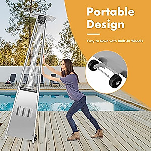 Tangkula 90-inch Outdoor Patio Heater, 42000 BTU Portable Pyramid Propane Heater with Wheels, Quartz Glass Tube, Auto Shut Off Protection, Stainless Steel Outdoor Heater for Backyard, Garden